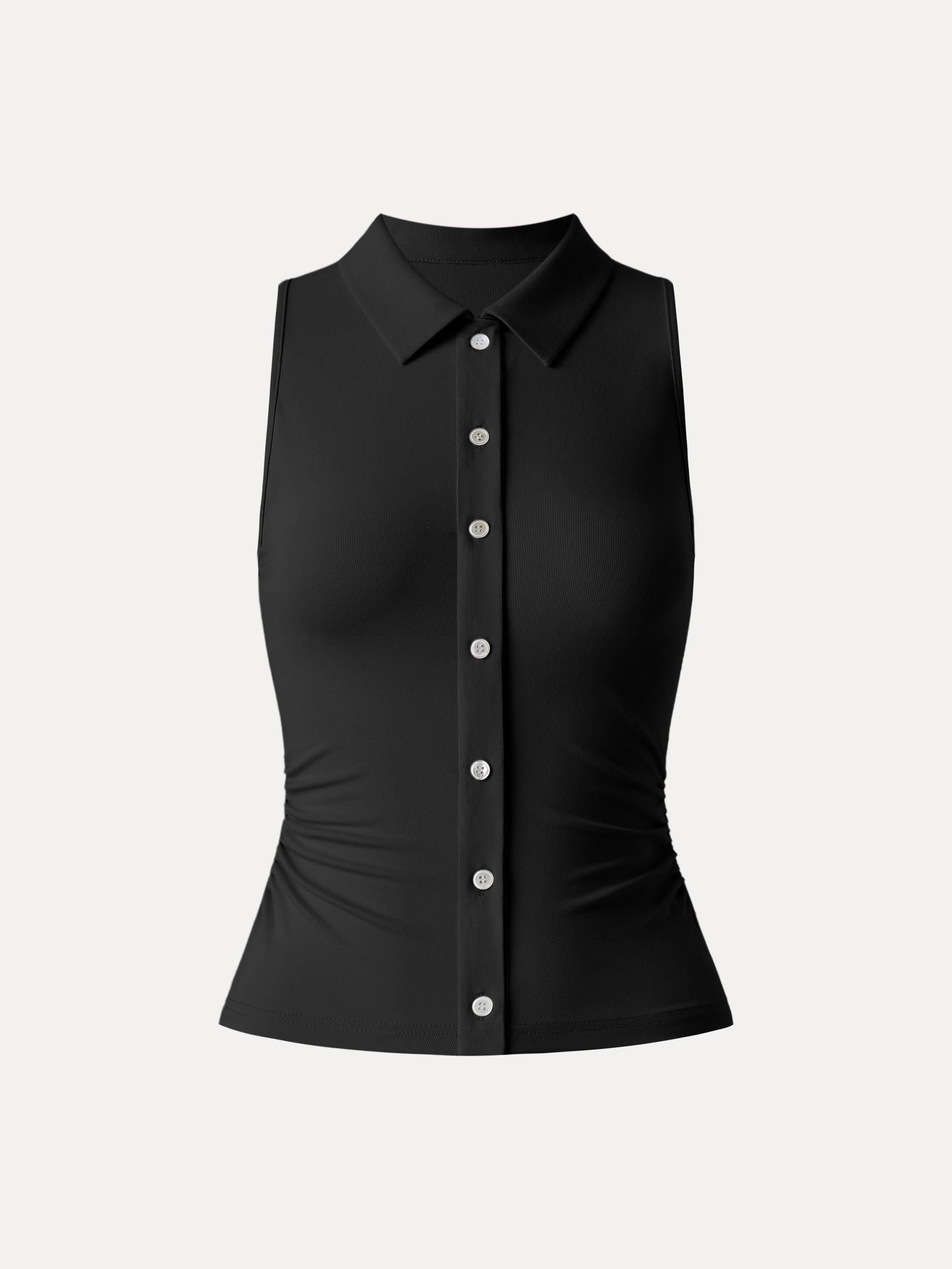 Ogl Collared Faux Button Placket Side Ruched Shirt Tank – OGLmove