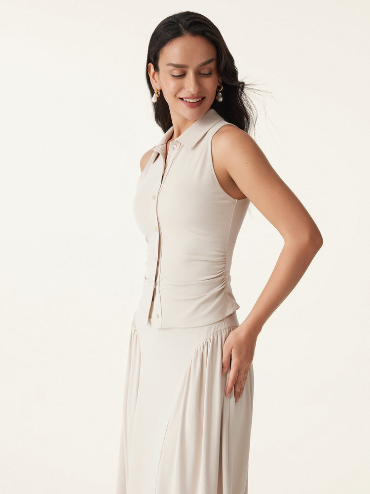 Ogl Collared Faux Button Placket Side Ruched Shirt Tank – OGLmove