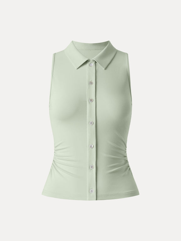 Ogl Collared Faux Button Placket Side Ruched Shirt Tank – OGLmove