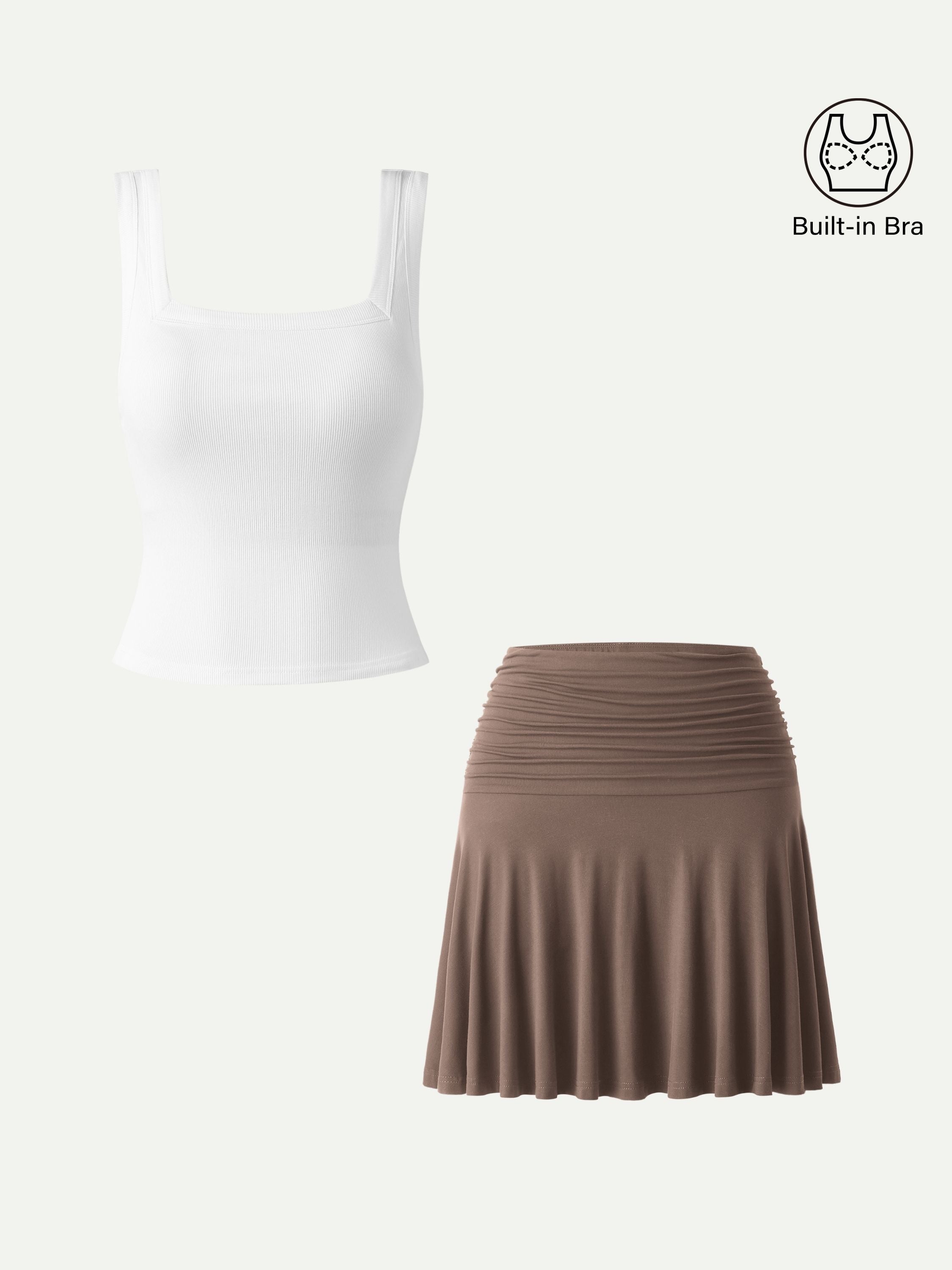 OGL 2Pcs Set Square Open-Back Bra Tank & Mini Circle Skirt with Lined ...