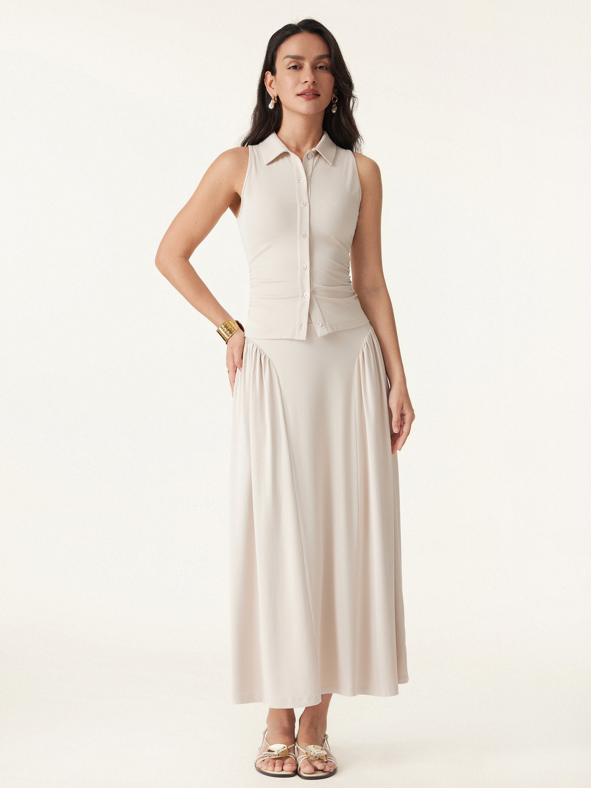 Ogl Collared Faux Button Placket Side Ruched Shirt Tank – OGLmove
